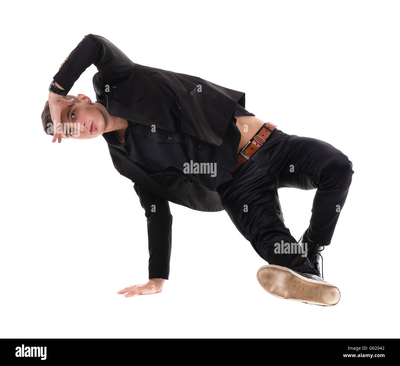 One fit handsome modern style dancer young man working out, performing ...