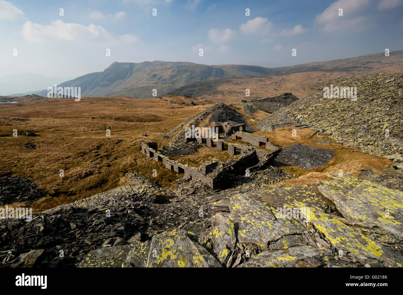 Rhosydd Slate Quarry ruined buildings and Cnicht mountain Snowdonia ...
