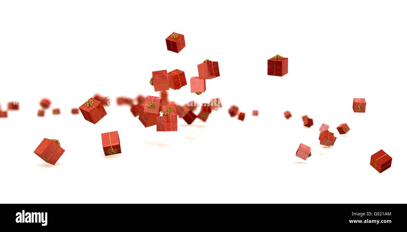 A bunch of present boxes falling down Stock Photo - Alamy