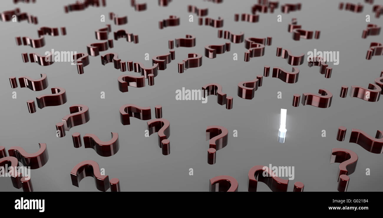 A 3d set of question marks and one exclamation mark on a gray ...