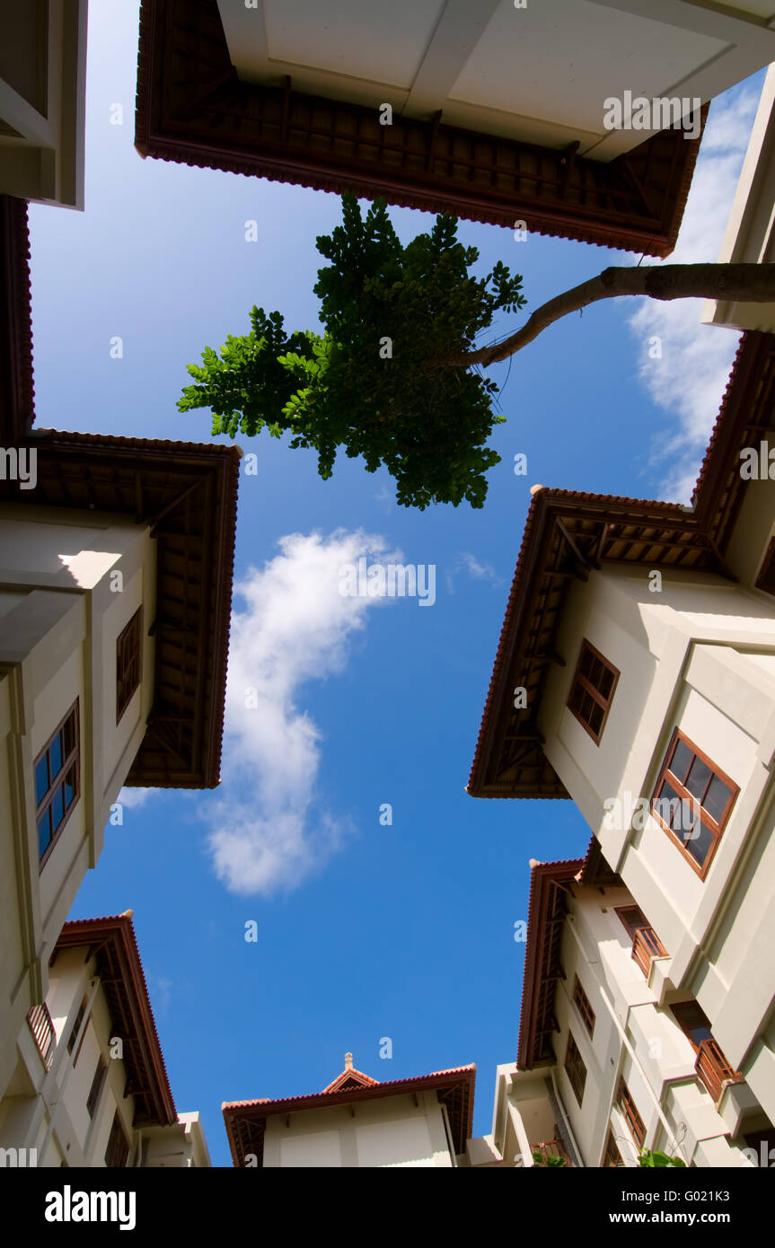 Underside view to the residential constructions with sky background ...