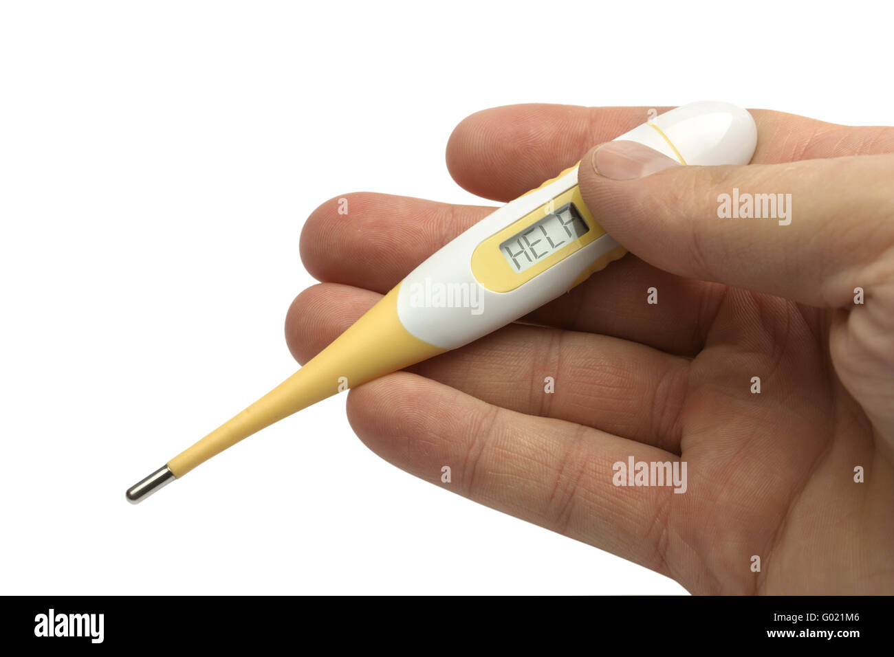 digital thermometer in a hand on white isolated shows help Stock Photo ...