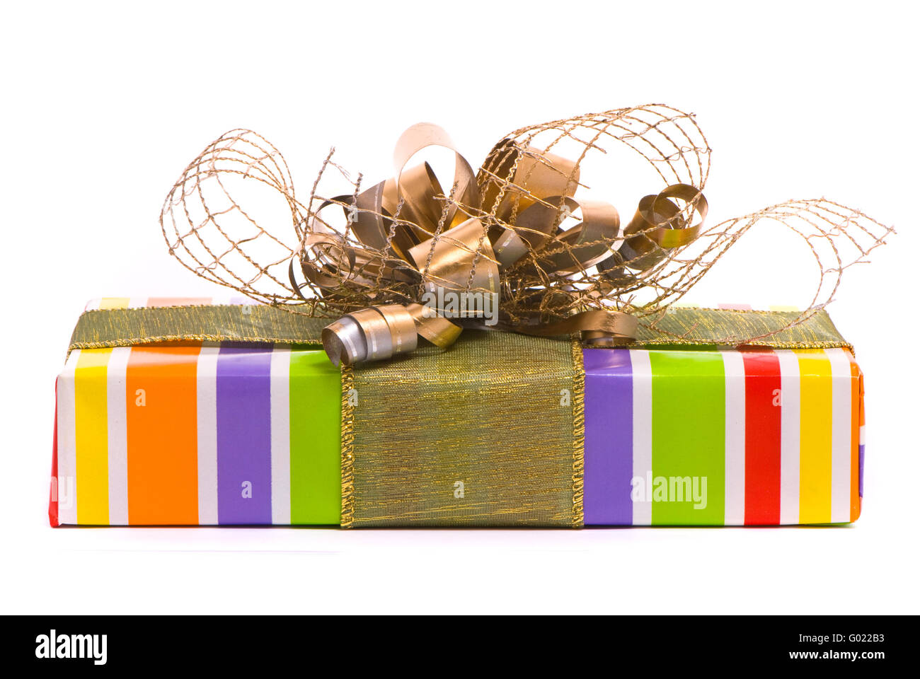 Gift box with golden bow on a white background Stock Photo - Alamy