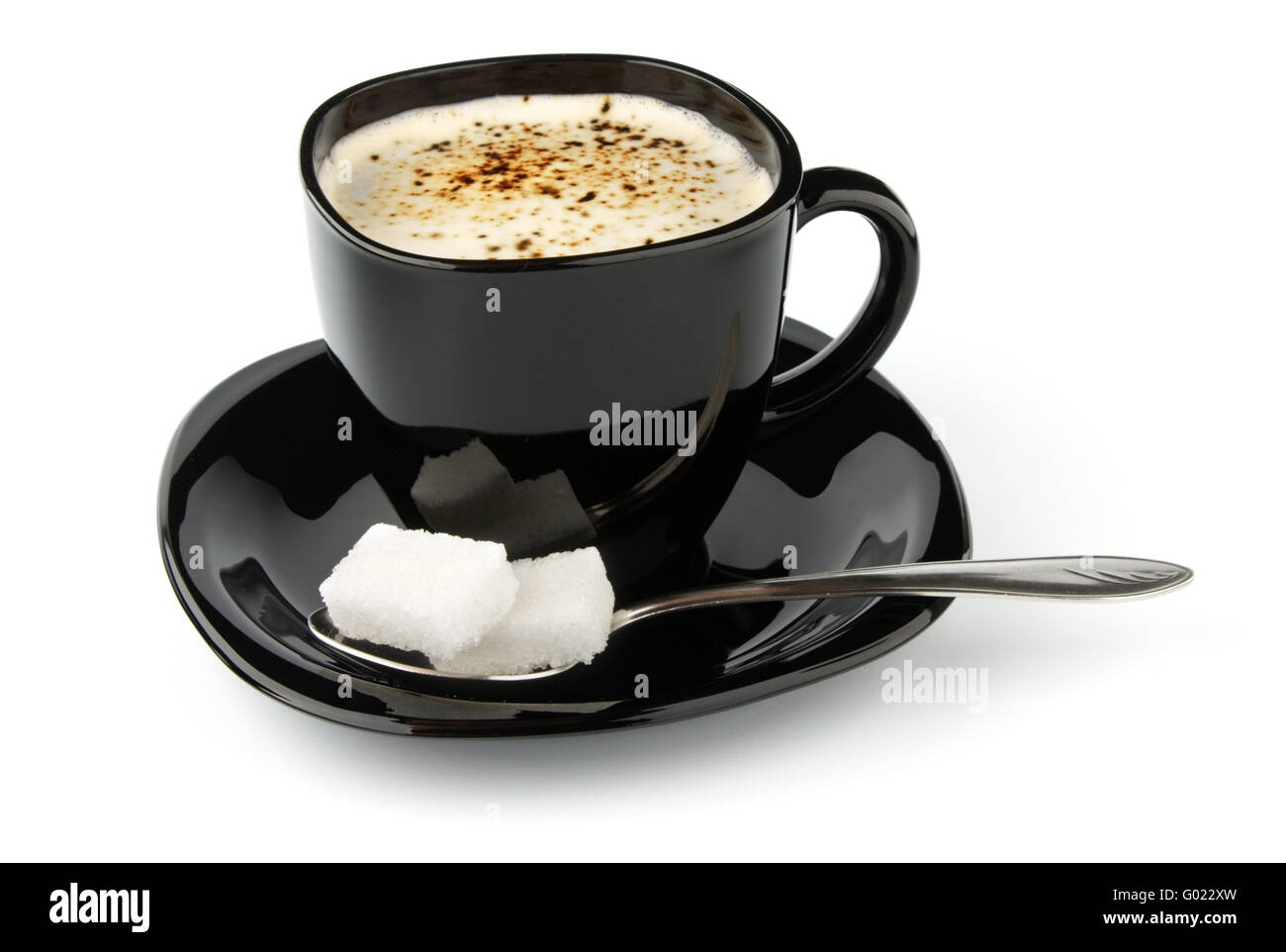 black cup of coffee and lump sugar isolated on white background Stock ...