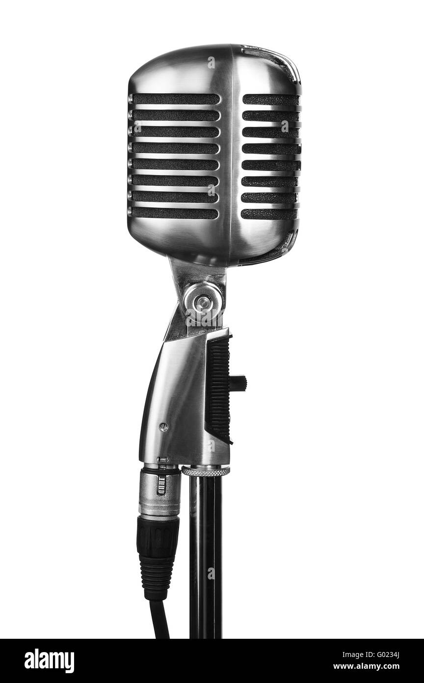 Retro microphone on stand isolated on white Stock Photo - Alamy