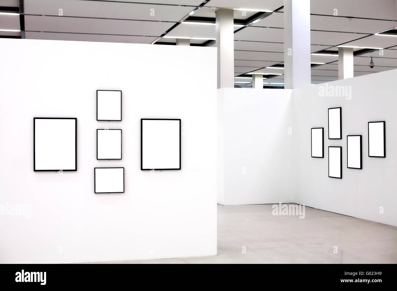 Exhibition in museum with many empty frames on white walls Stock Photo ...