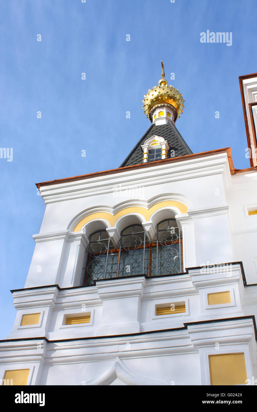 Facade of Orthodox church with beautiful windows on a background of sky ...