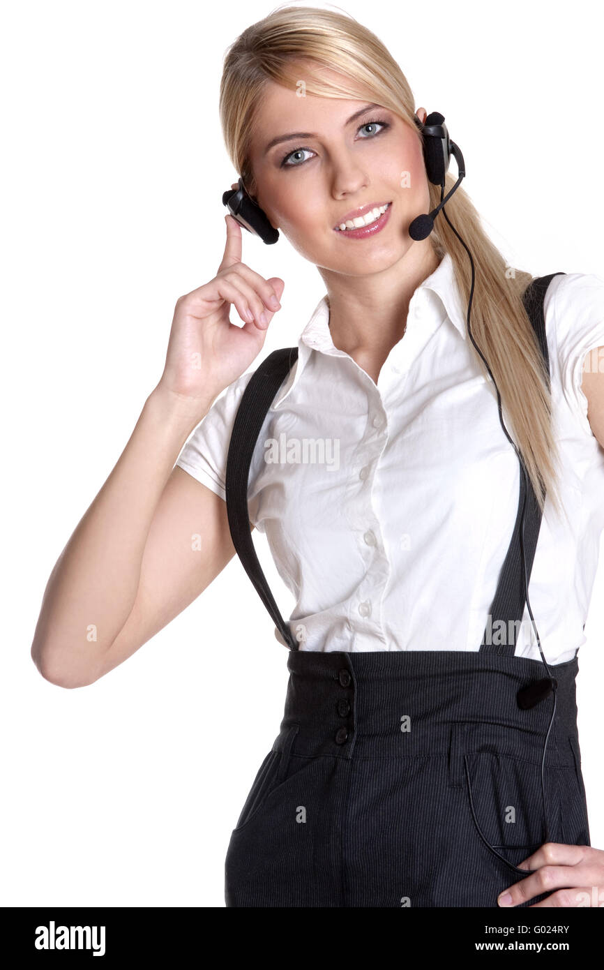 Female customer service representative smiling Stock Photo - Alamy