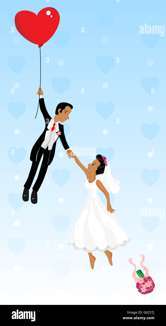 Just married black couple flying with a heart shaped balloon Stock ...