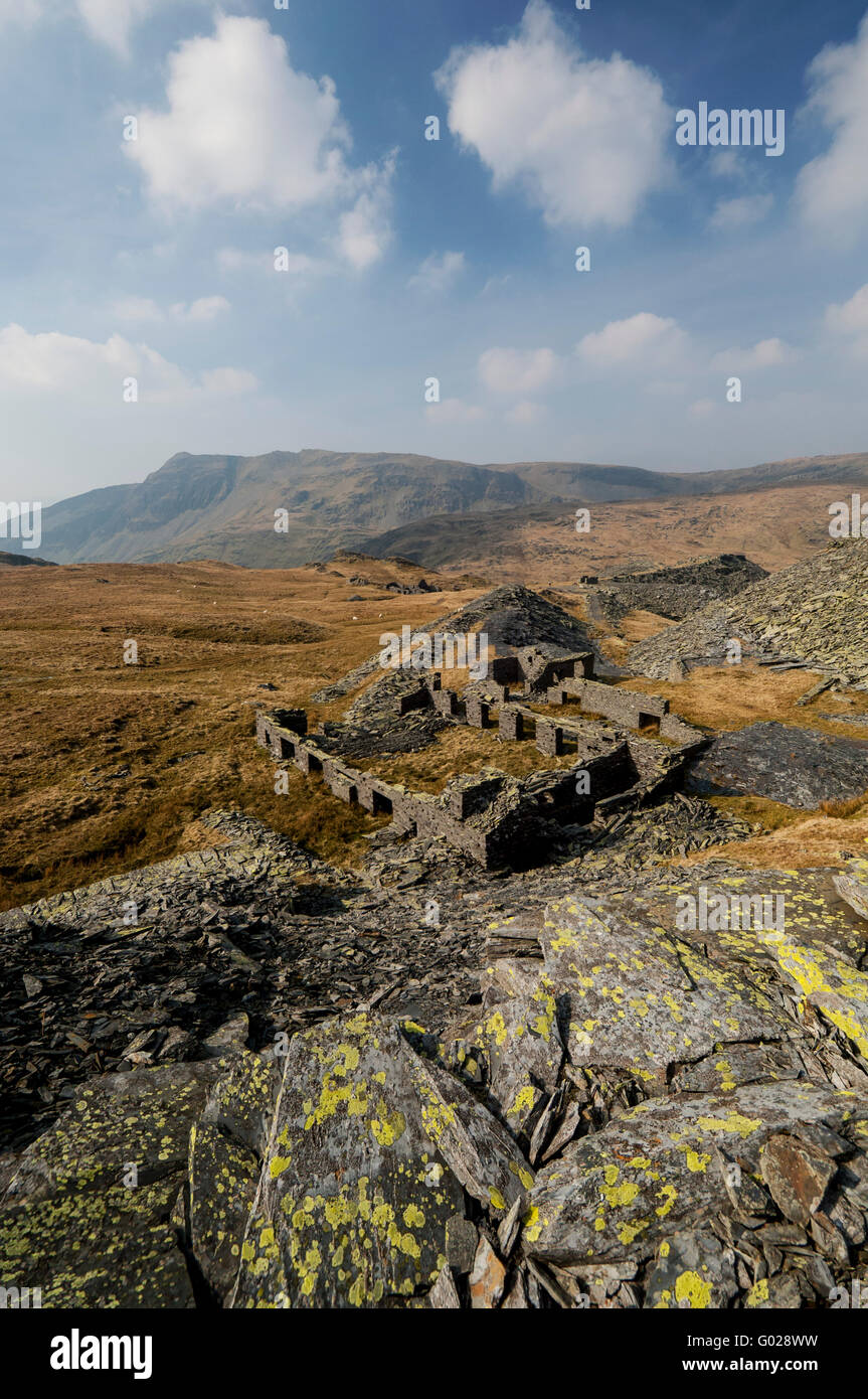 Rhosydd slate quarry ruined buildings and Cnicht mountain Near Blaenau ...