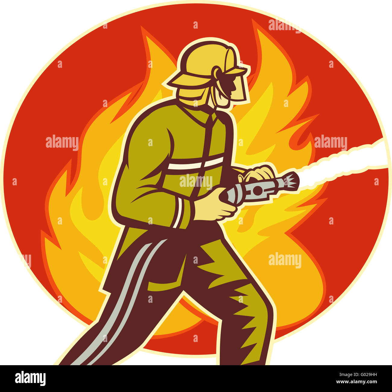 Firefighter fireman with water hose fighting fire Stock Photo - Alamy