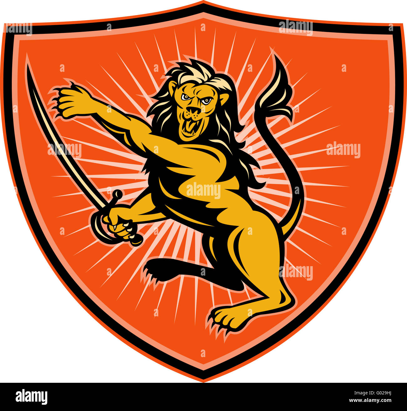 Lion with sword pointing and attacking with shield Stock Photo - Alamy