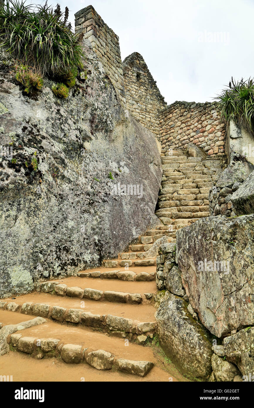 Stairs leading to stone building, Machu Picchu Inca ruins, near Aguas ...