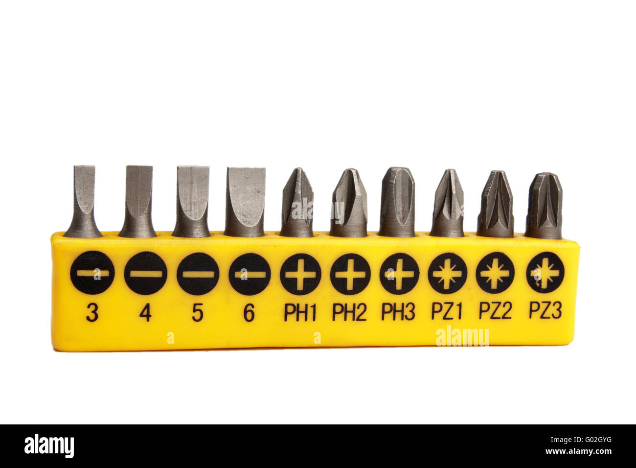 the set of heads for screwdriver isolated on white background Stock ...