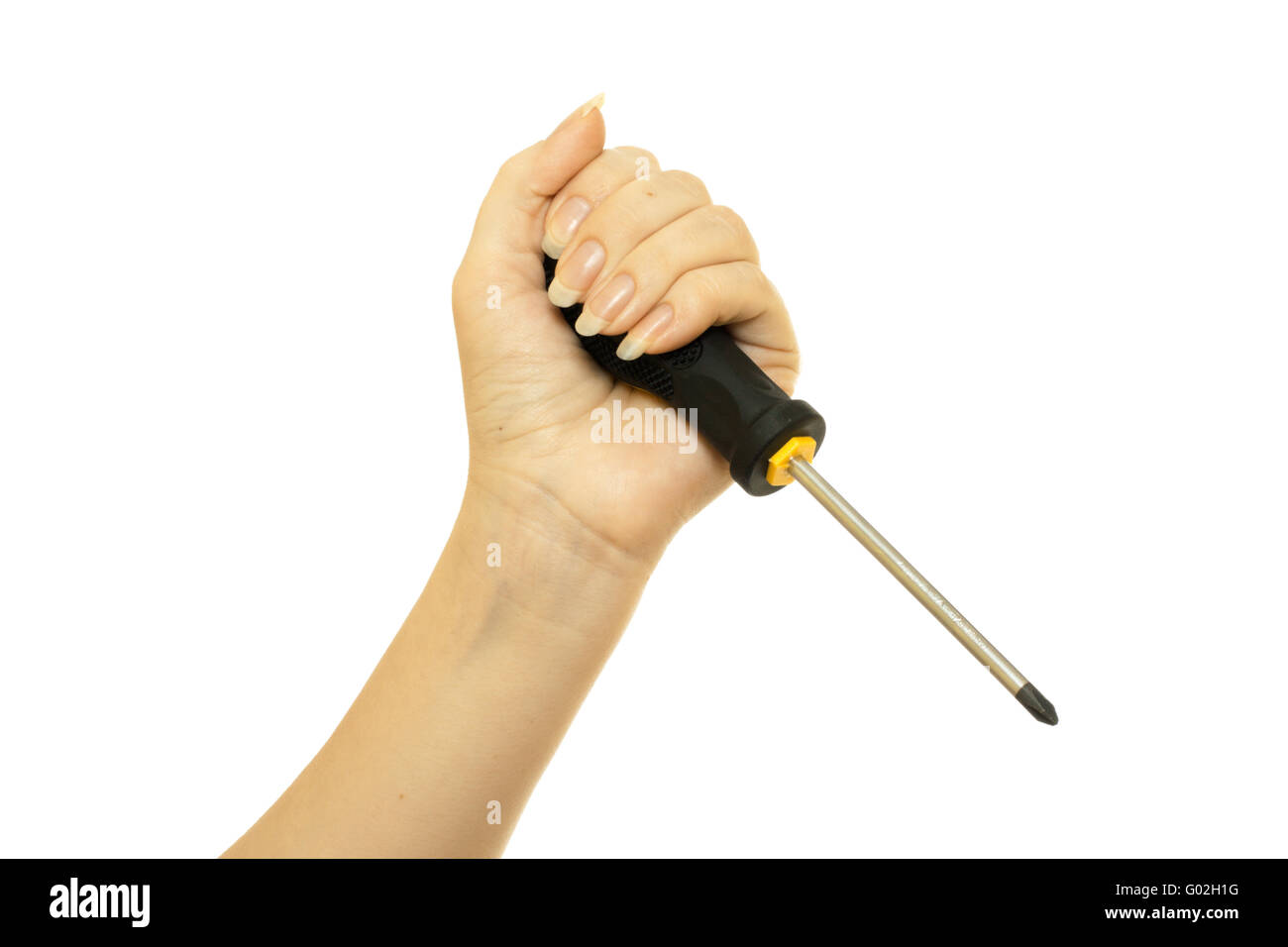 screwdriver in a beautiful female hand isolated on white background ...