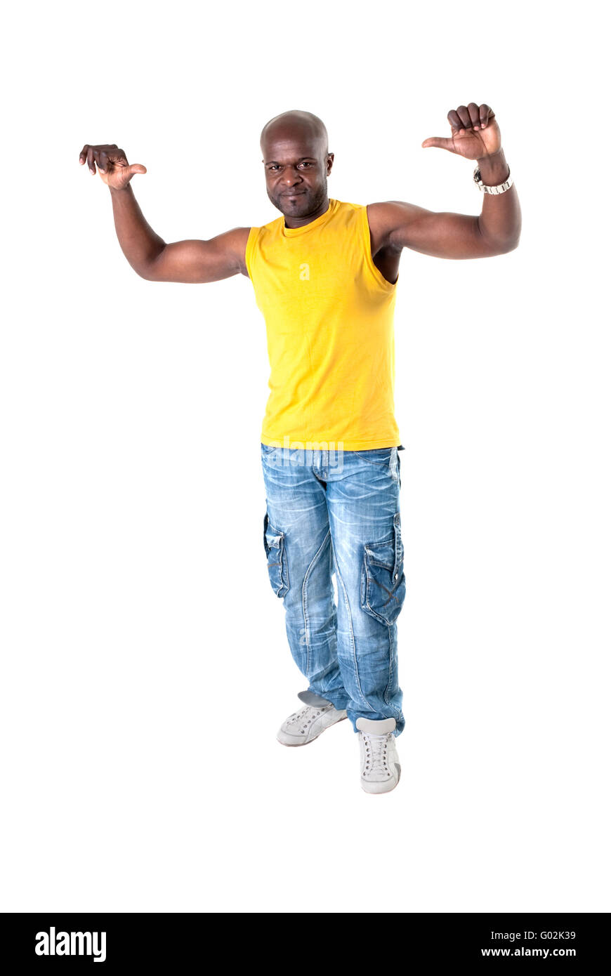 Black strong man smiling on white background Stock Photo - Alamy