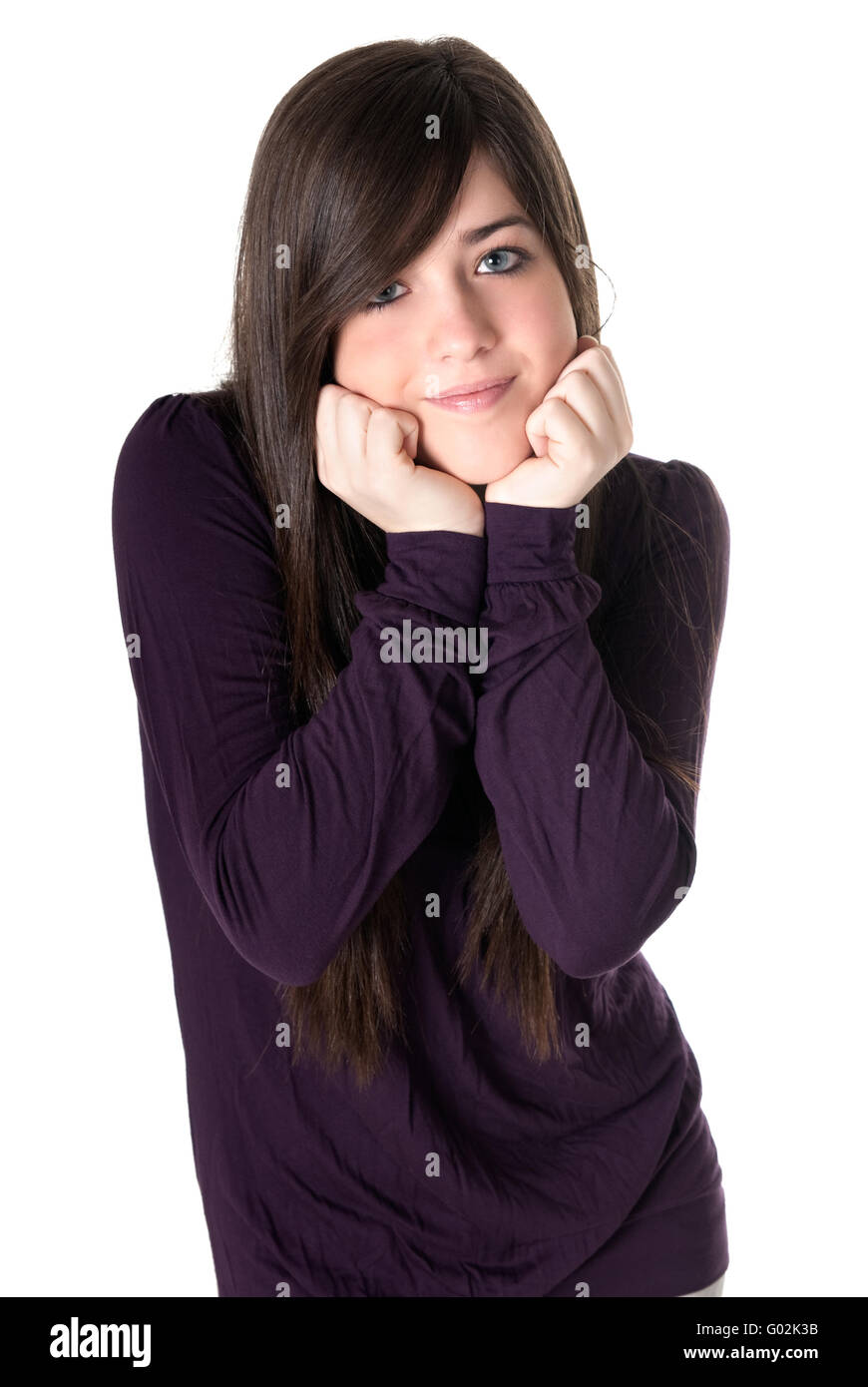 Young adult teen tender expression on white background Stock Photo - Alamy
