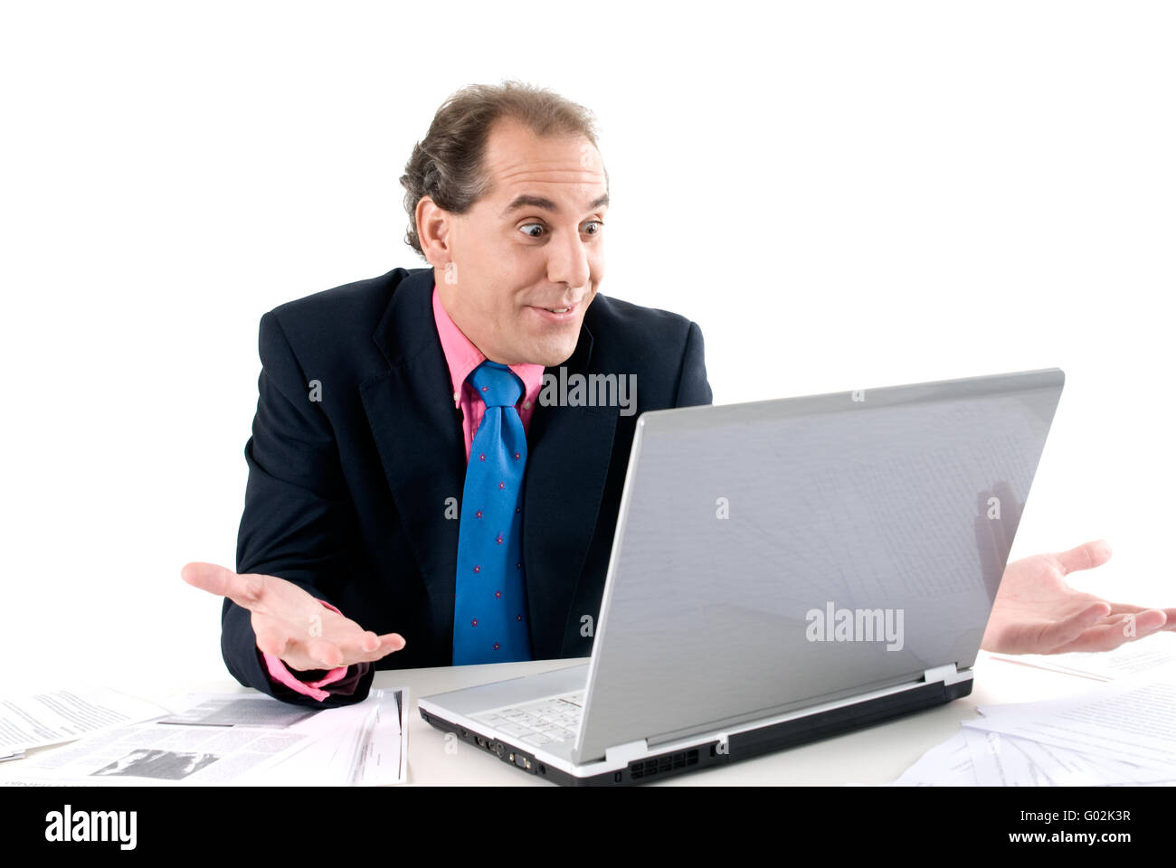 Overload businessman with computer problem on white background Stock ...