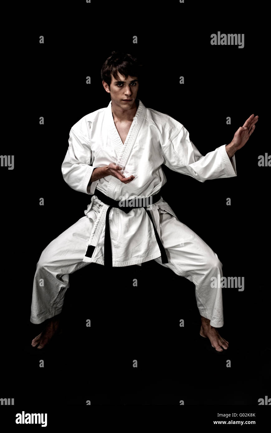 High Contrast karate young male fighter on black background Stock Photo ...