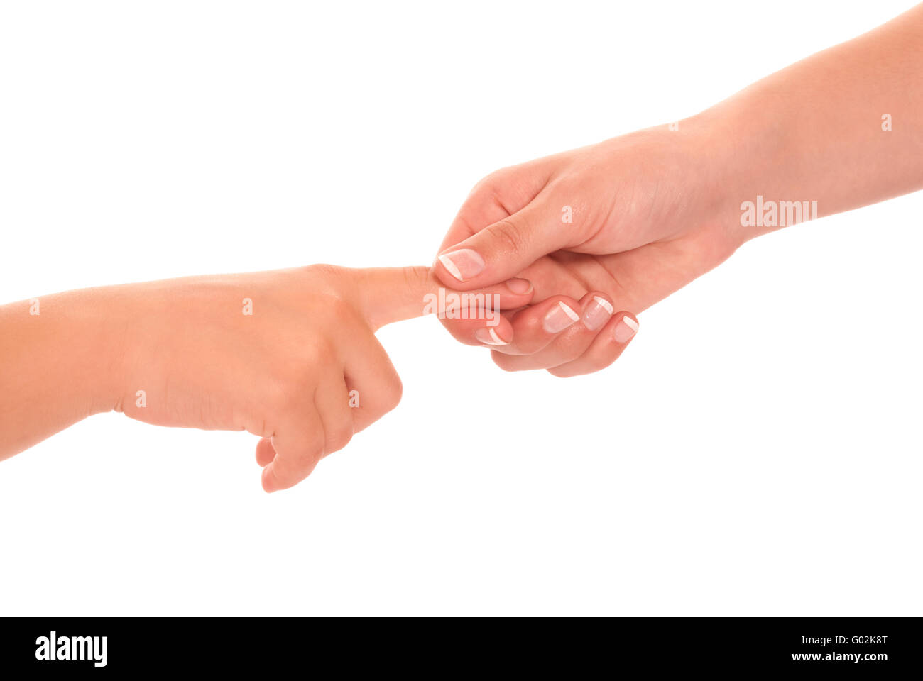 Young woman and children girl handshake isolated on white background ...