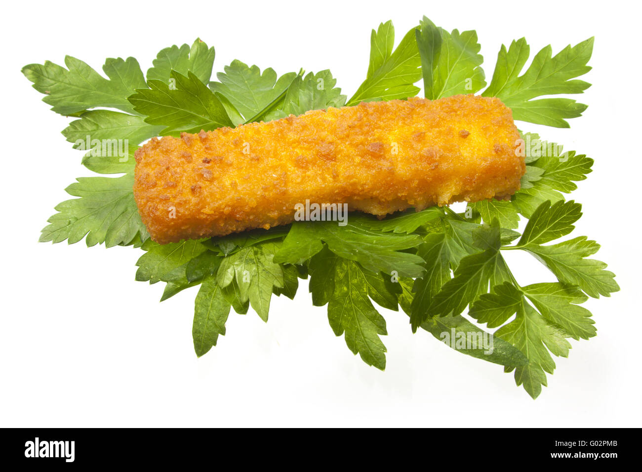Fish stick isolated on white with some parsley Stock Photo - Alamy