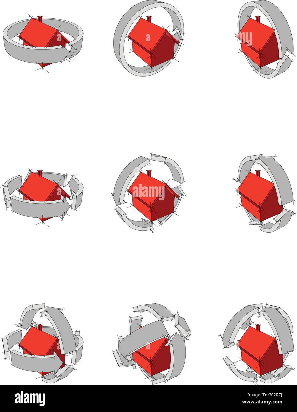 collection of nine diagrams of a simple detached house with grey arrows ...