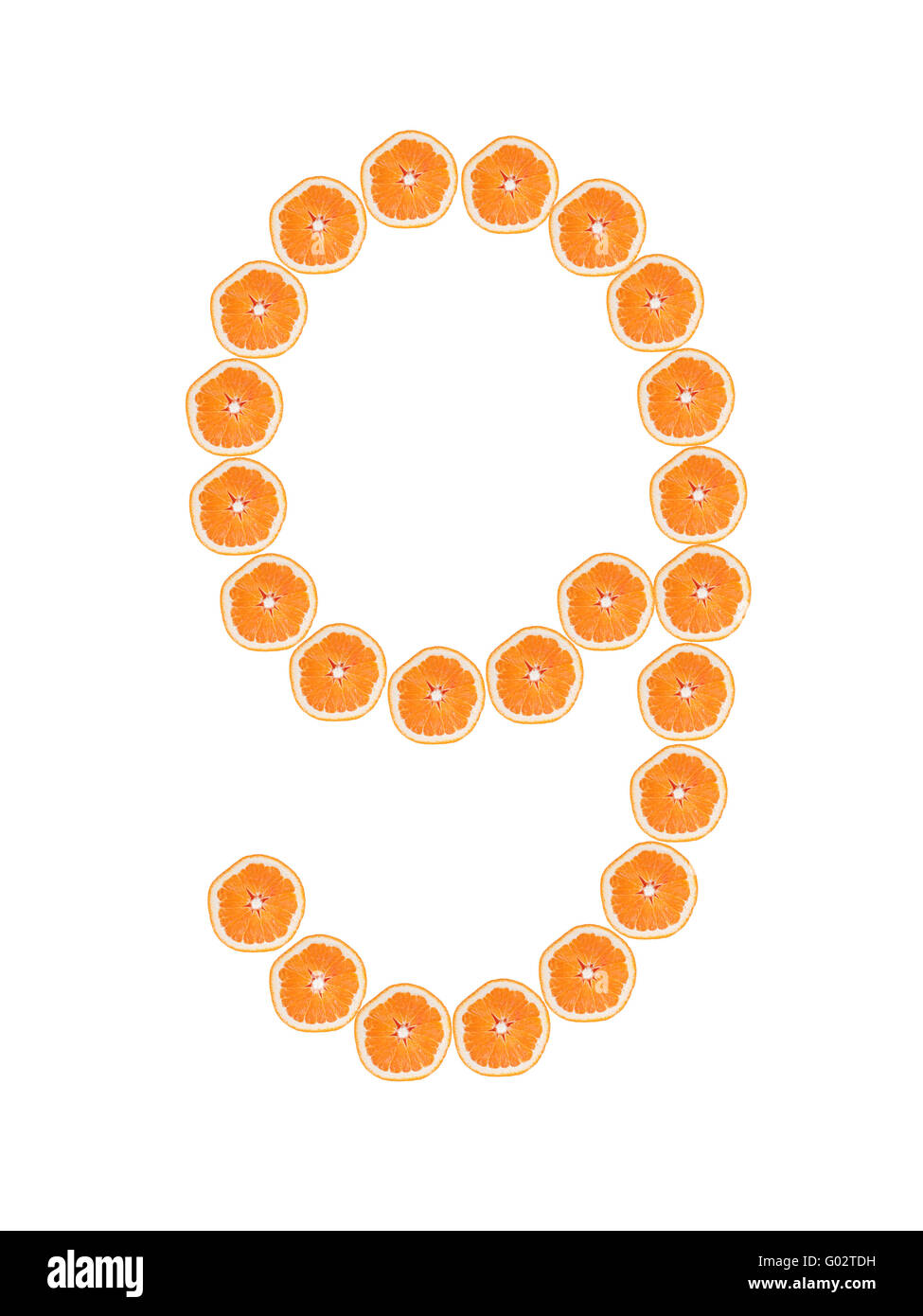 Number 9 from orange slices isolated on white Stock Photo - Alamy