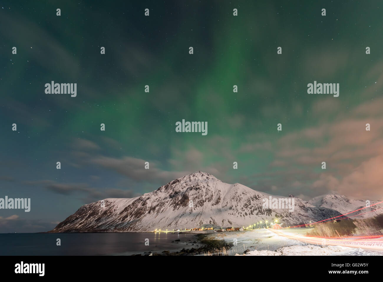 Northern lights over the sea at Vareid, Lofoten Islands, Norway in the ...