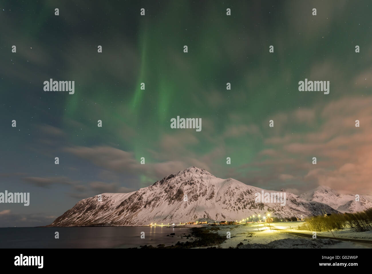 Northern lights over the sea at Vareid, Lofoten Islands, Norway in the ...