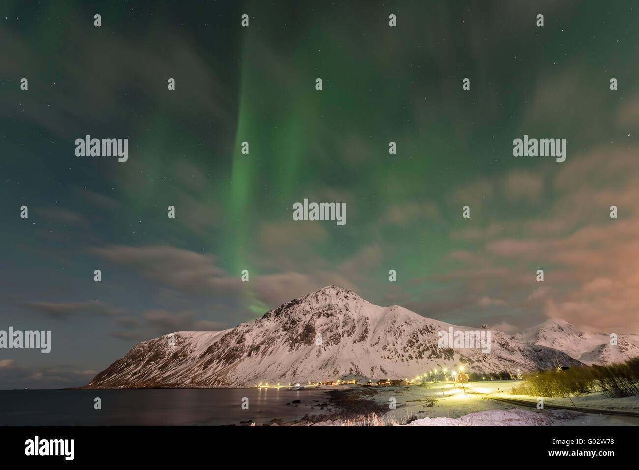 Northern lights over the sea at Vareid, Lofoten Islands, Norway in the ...