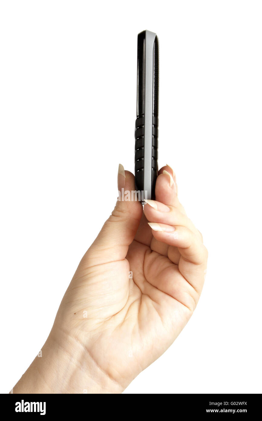 Slim mobile phone in the women's hand isolated on white background ...