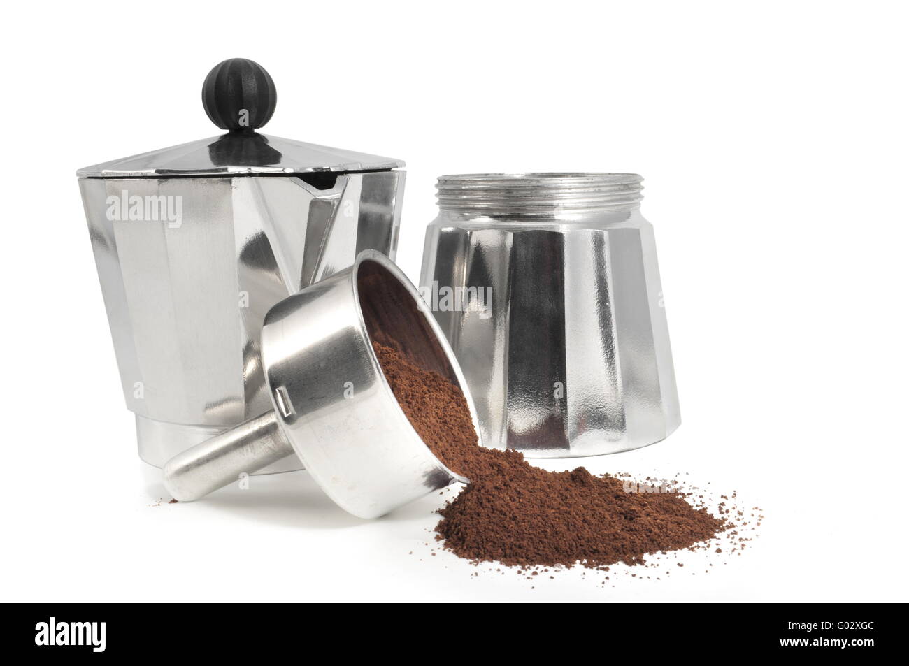 Steel Italian mocha parts with brown coffee isolated on white Stock ...