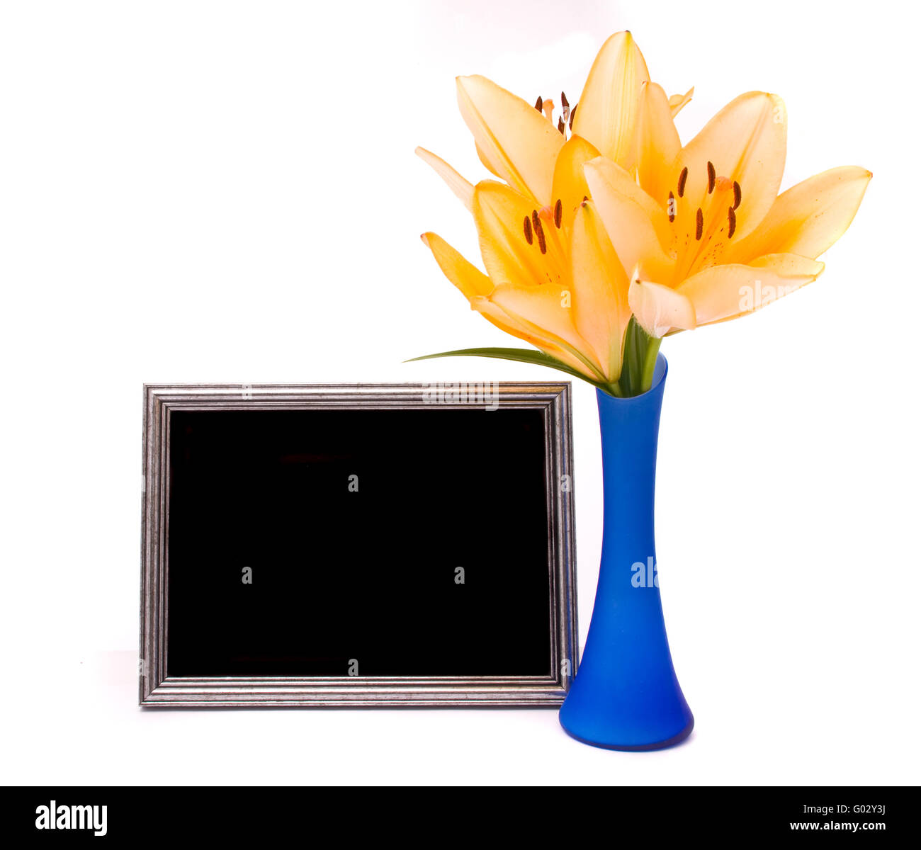 Yellow lilies and silver frame on a white background Stock Photo - Alamy