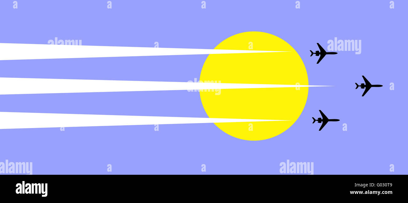 vector illustration plane in sky on background sun Stock Photo - Alamy