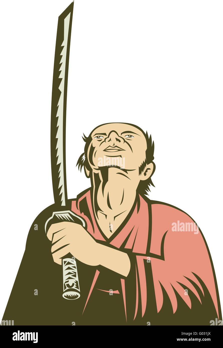 japanese samurai warrior looking up holding sword Stock Photo - Alamy