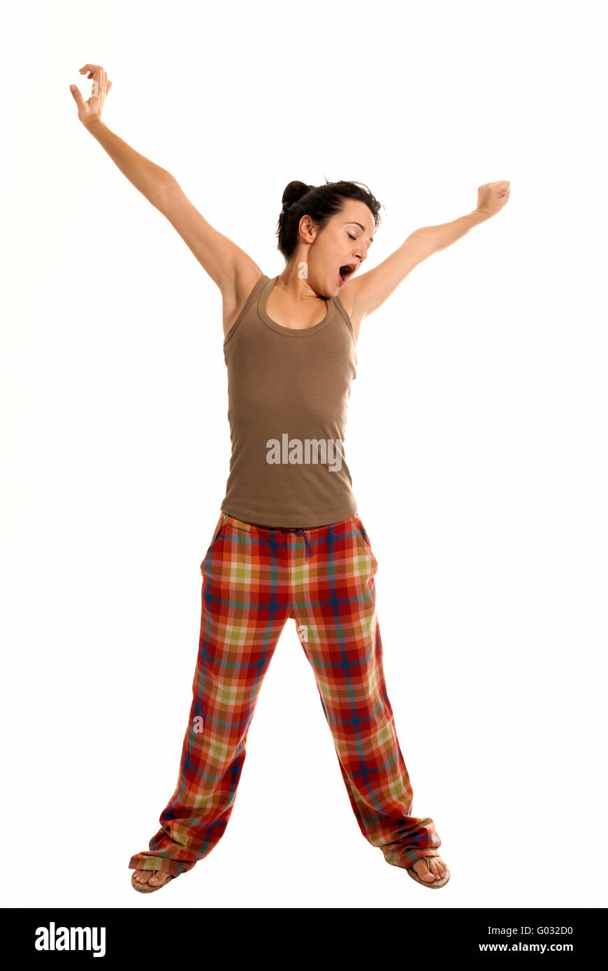 young woman be sleepy wearing pajamas isolated on white background ...