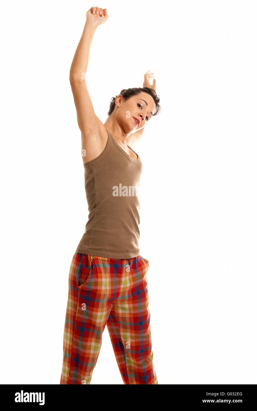 young woman be sleepy wearing pajamas isolated on white background ...