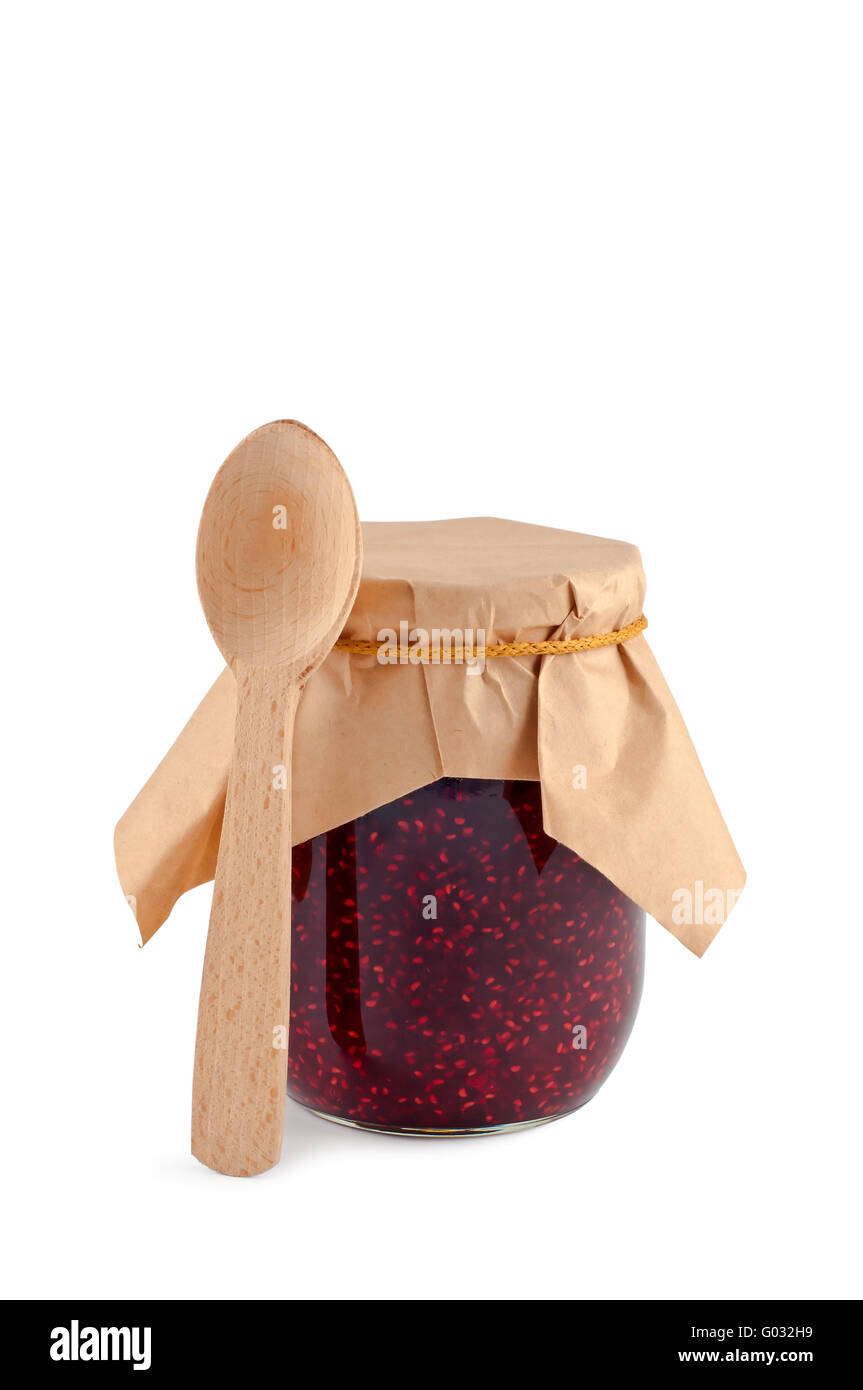 Jam in jar, wooden spoon, isolated on white, shade below Stock Photo ...