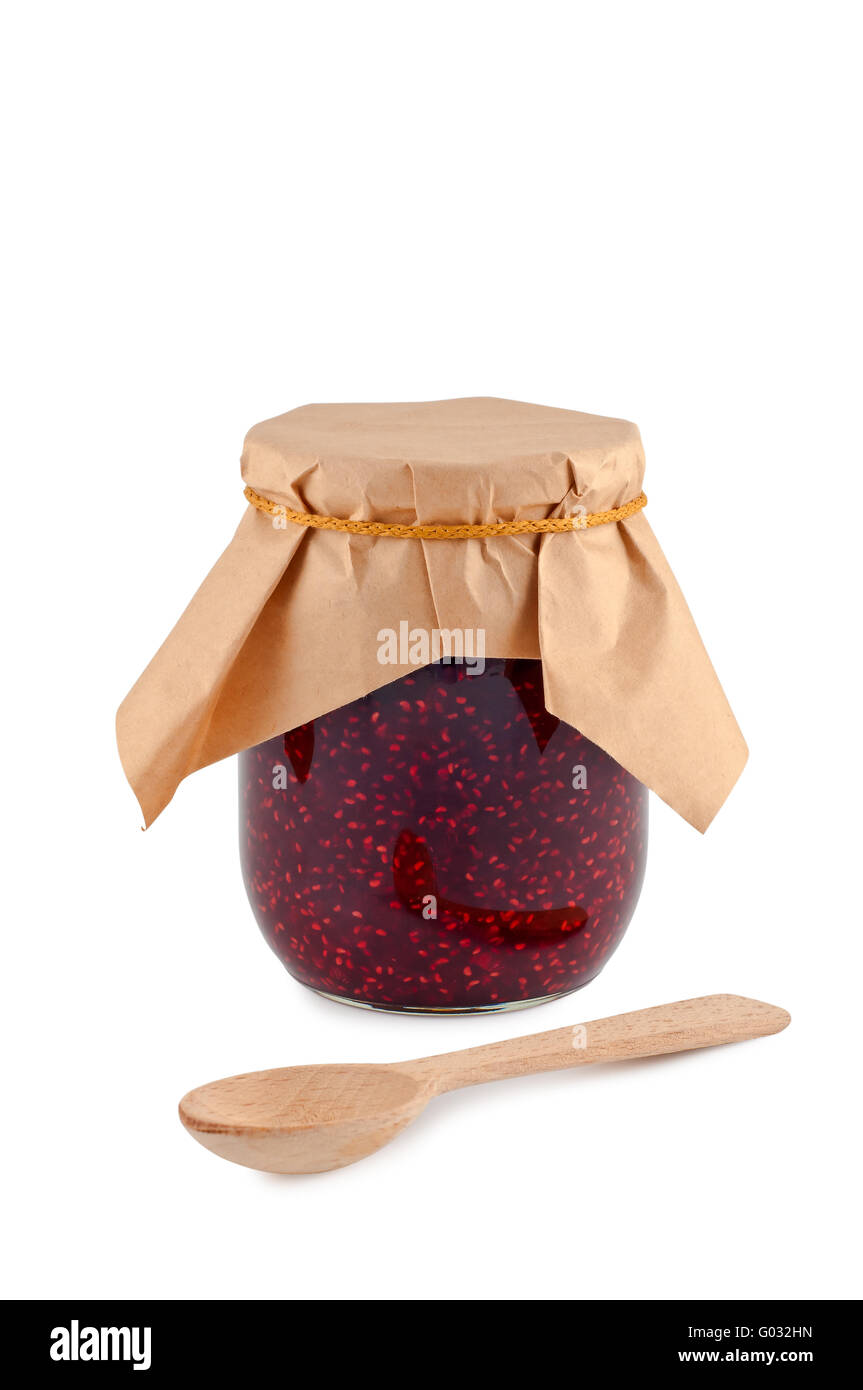 Jam in jar, wooden spoon, isolated on white background Stock Photo - Alamy