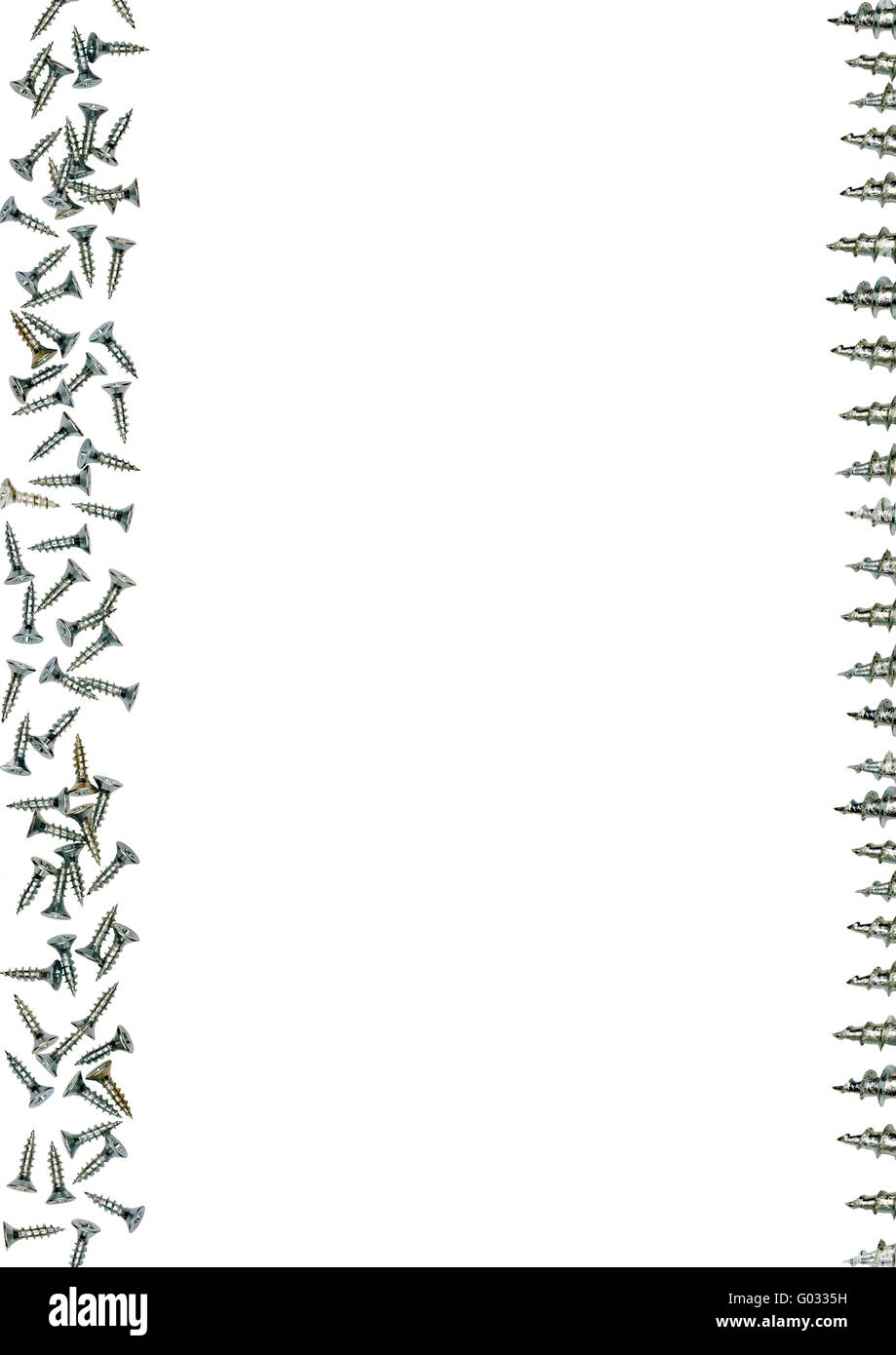 Silver metallic screws frame with a white backgrou Stock Photo - Alamy