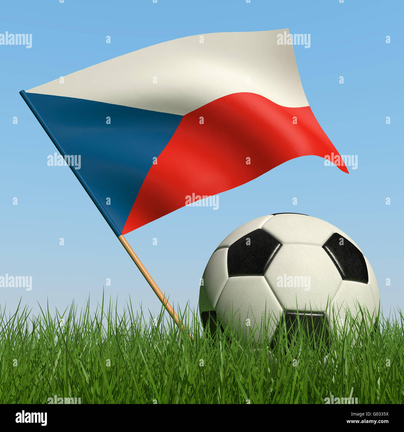 Soccer ball in the grass and the flag of Czech Republic against the ...