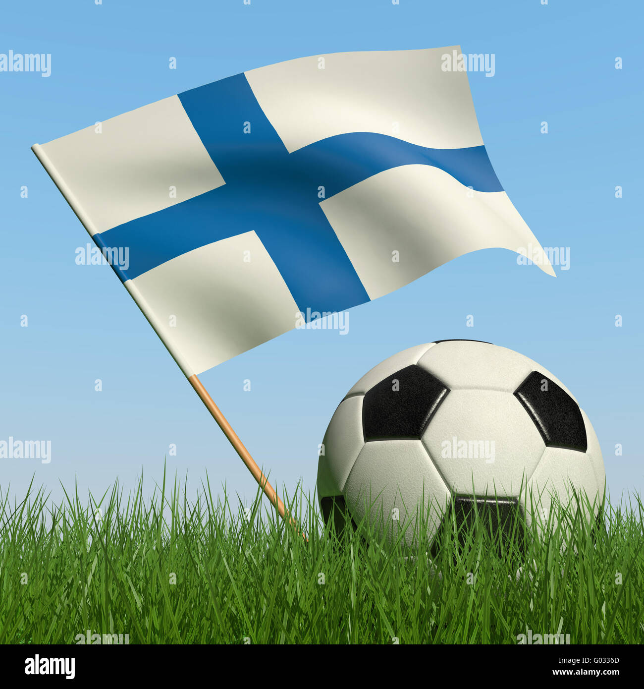 Soccer ball in the grass and the flag of Finland against the blue sky ...