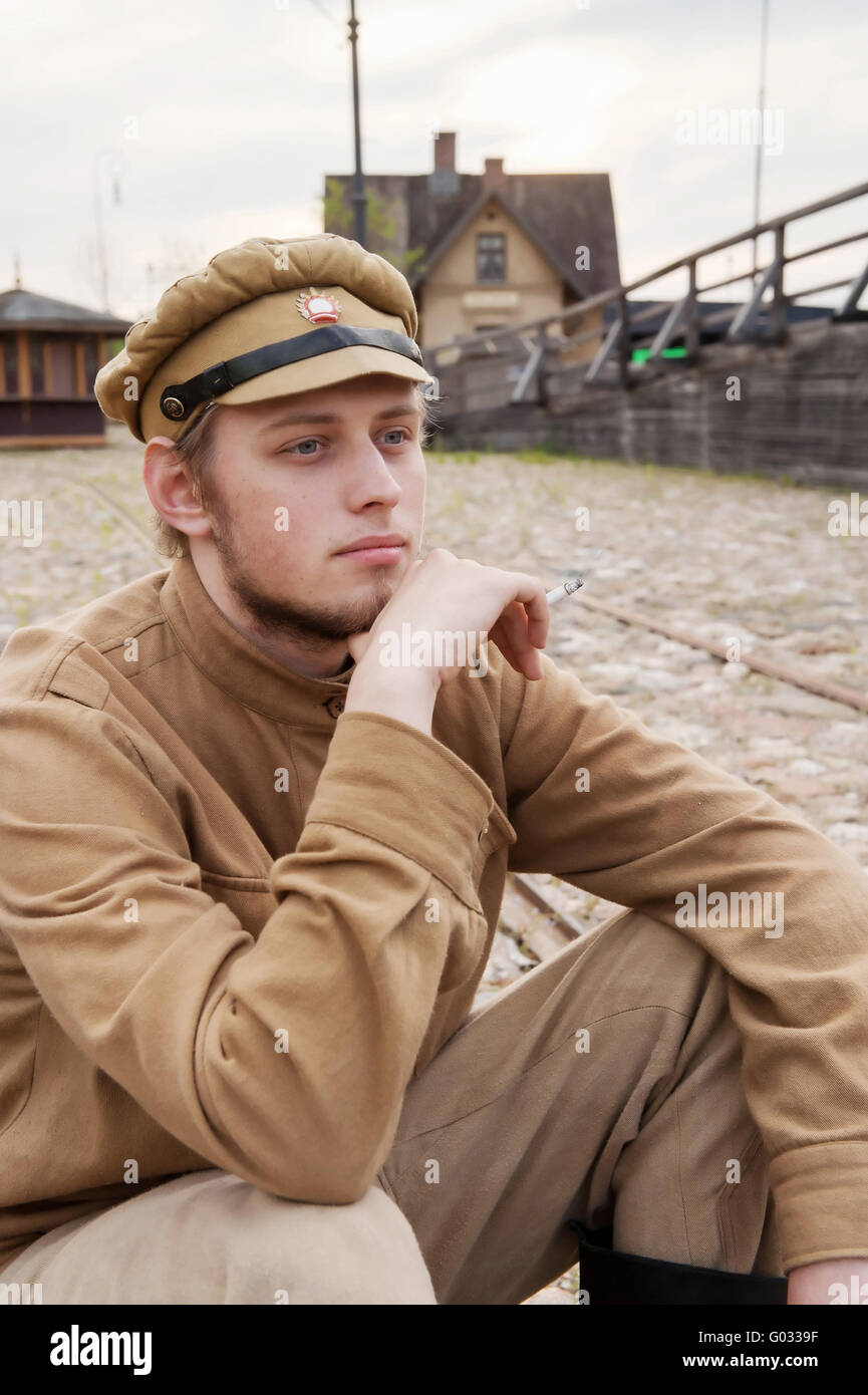 Retro style picture with resting soldier Stock Photo - Alamy