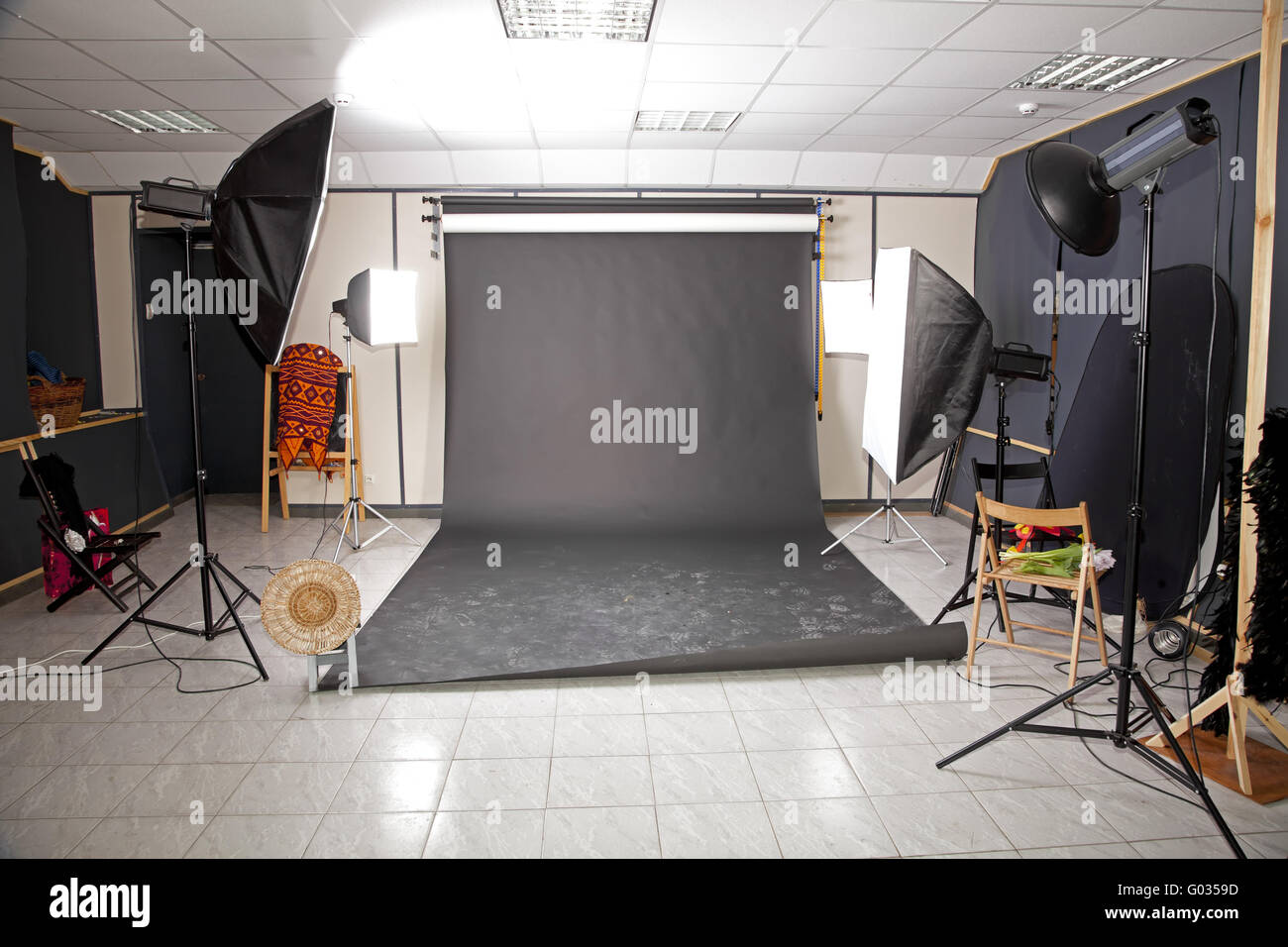 Professional studio interior with black background Stock Photo - Alamy