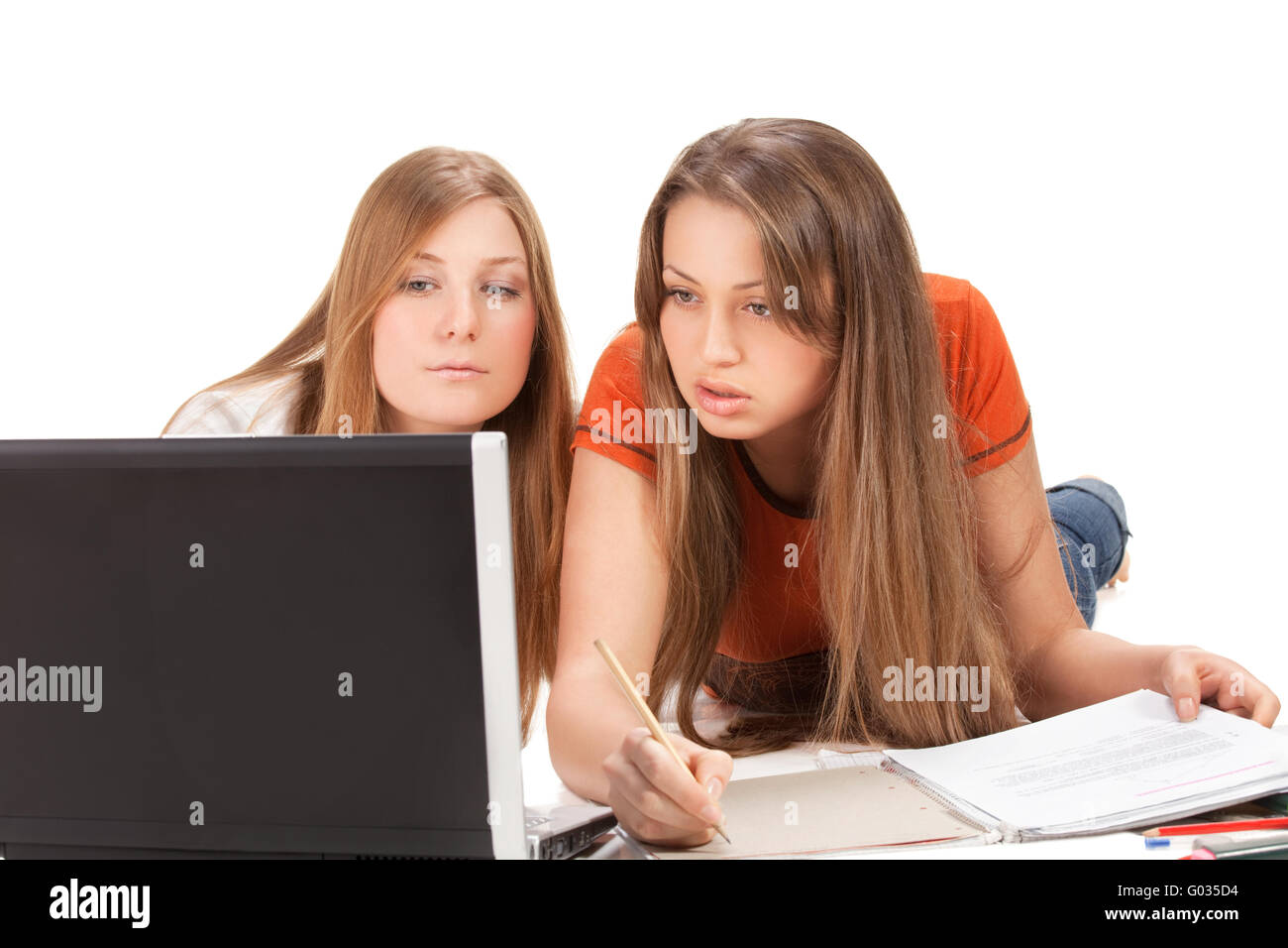 two young happy student girl, isolated on white Stock Photo - Alamy