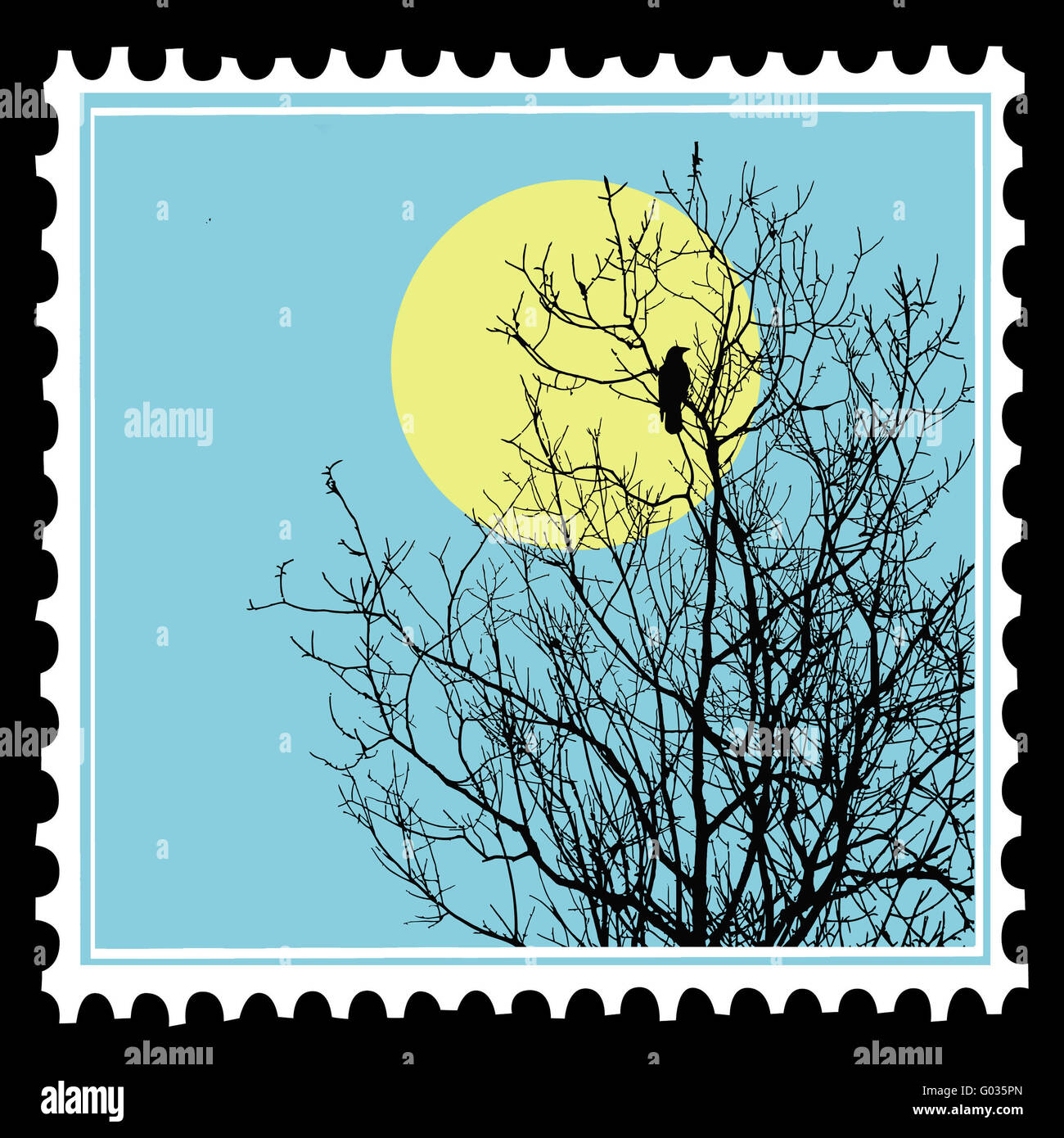 vector silhouette ravens on tree on postage stamps Stock Photo - Alamy
