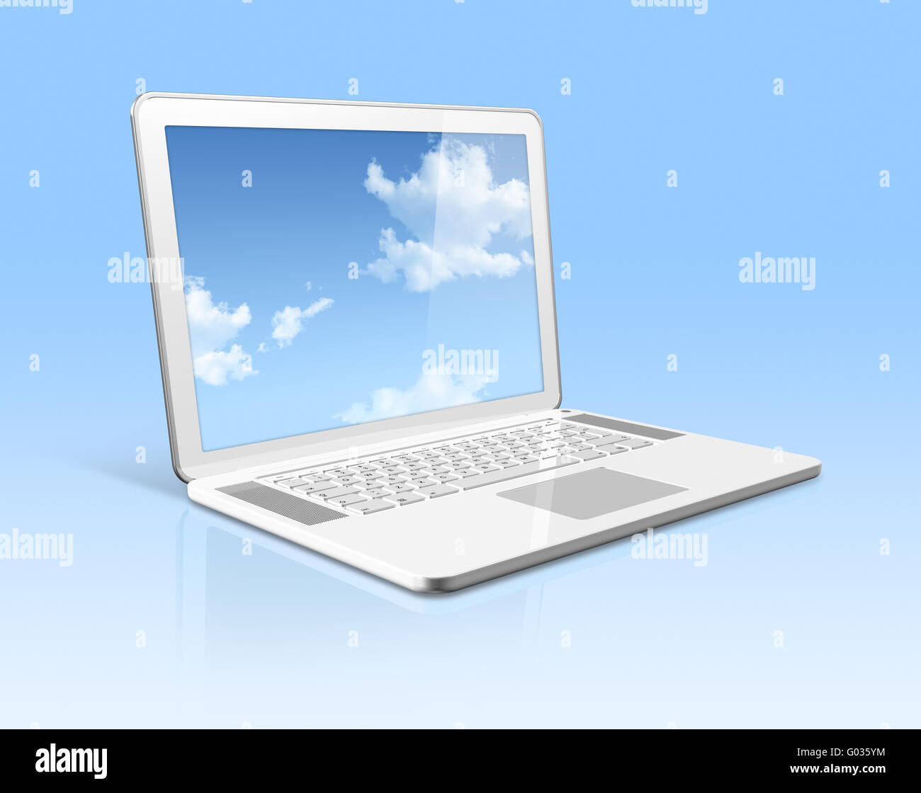White laptop computer with sky screen isolated on blue Stock Photo - Alamy