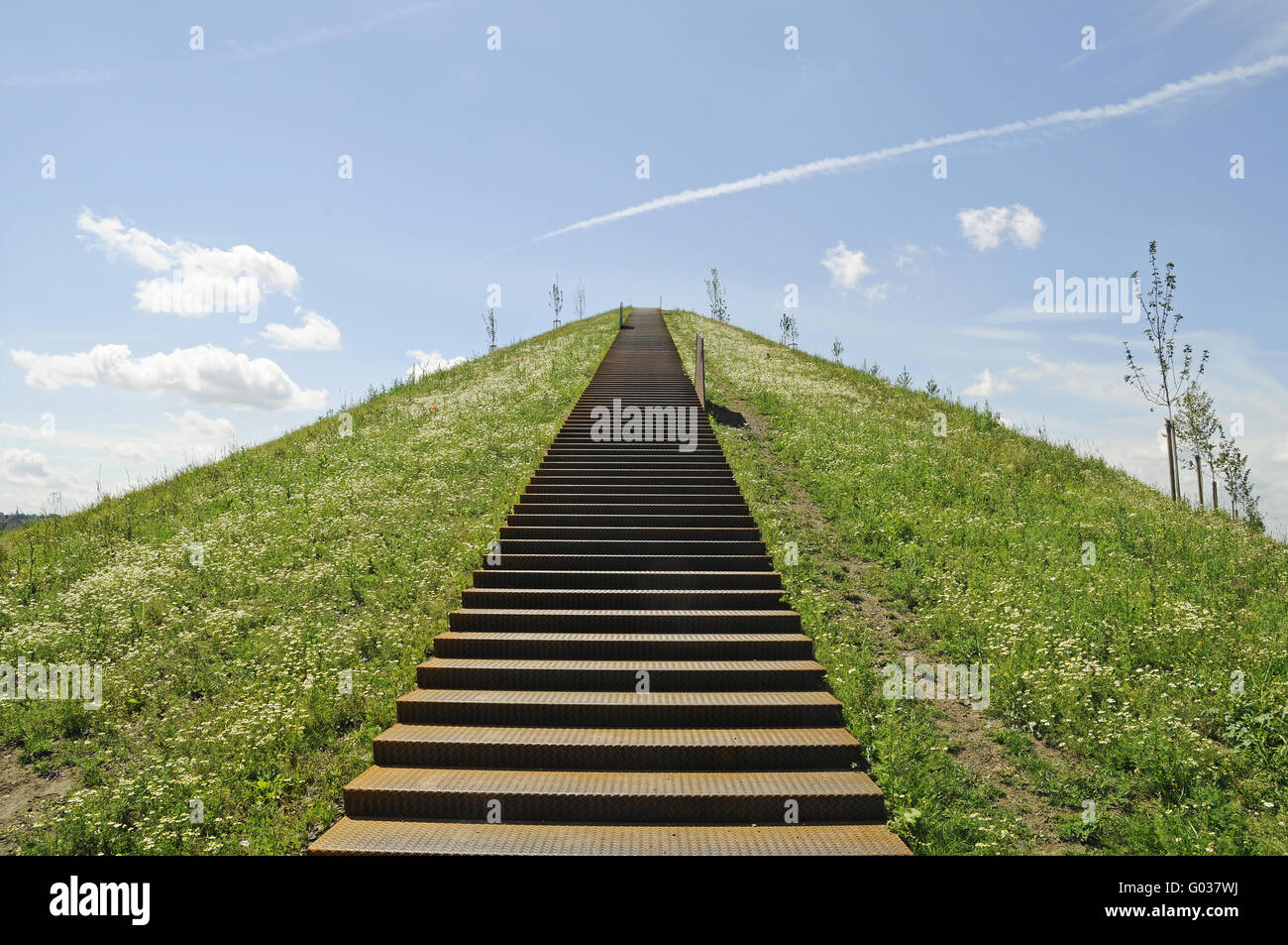 Steep stairs leading on a heap at Lake Phoenixsee on the grounds of the ...