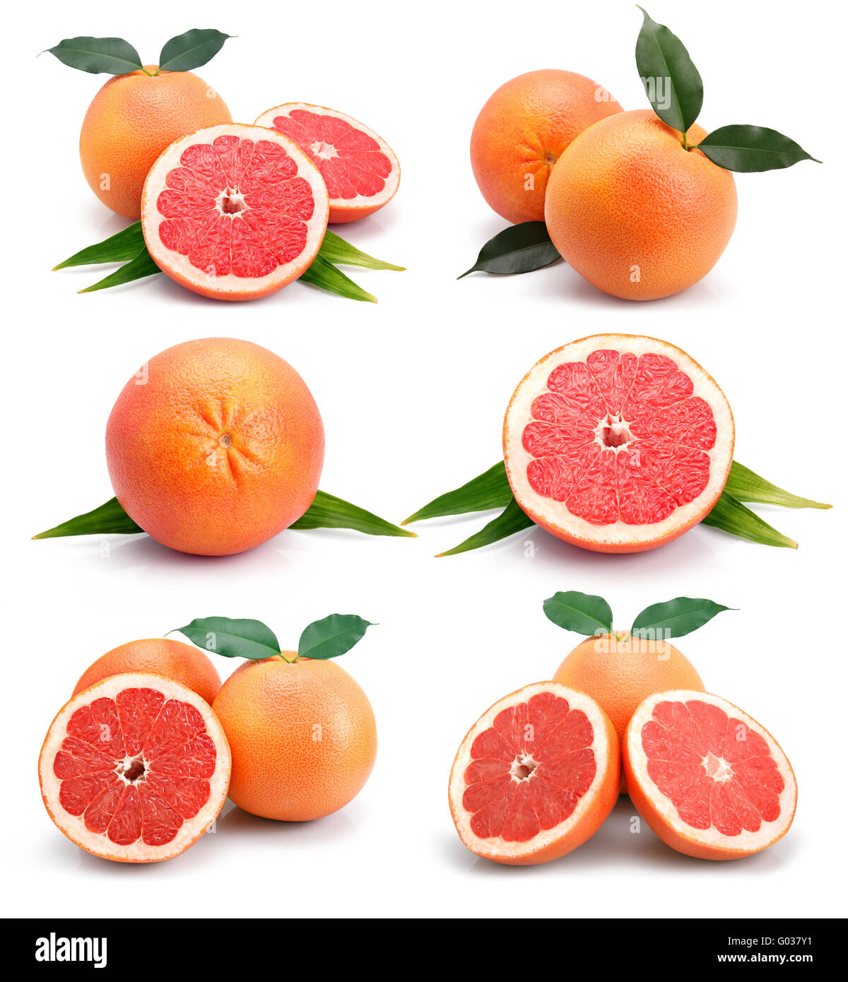 Set of grapefruit fruits with cuts and green leaf isolated Stock Photo ...