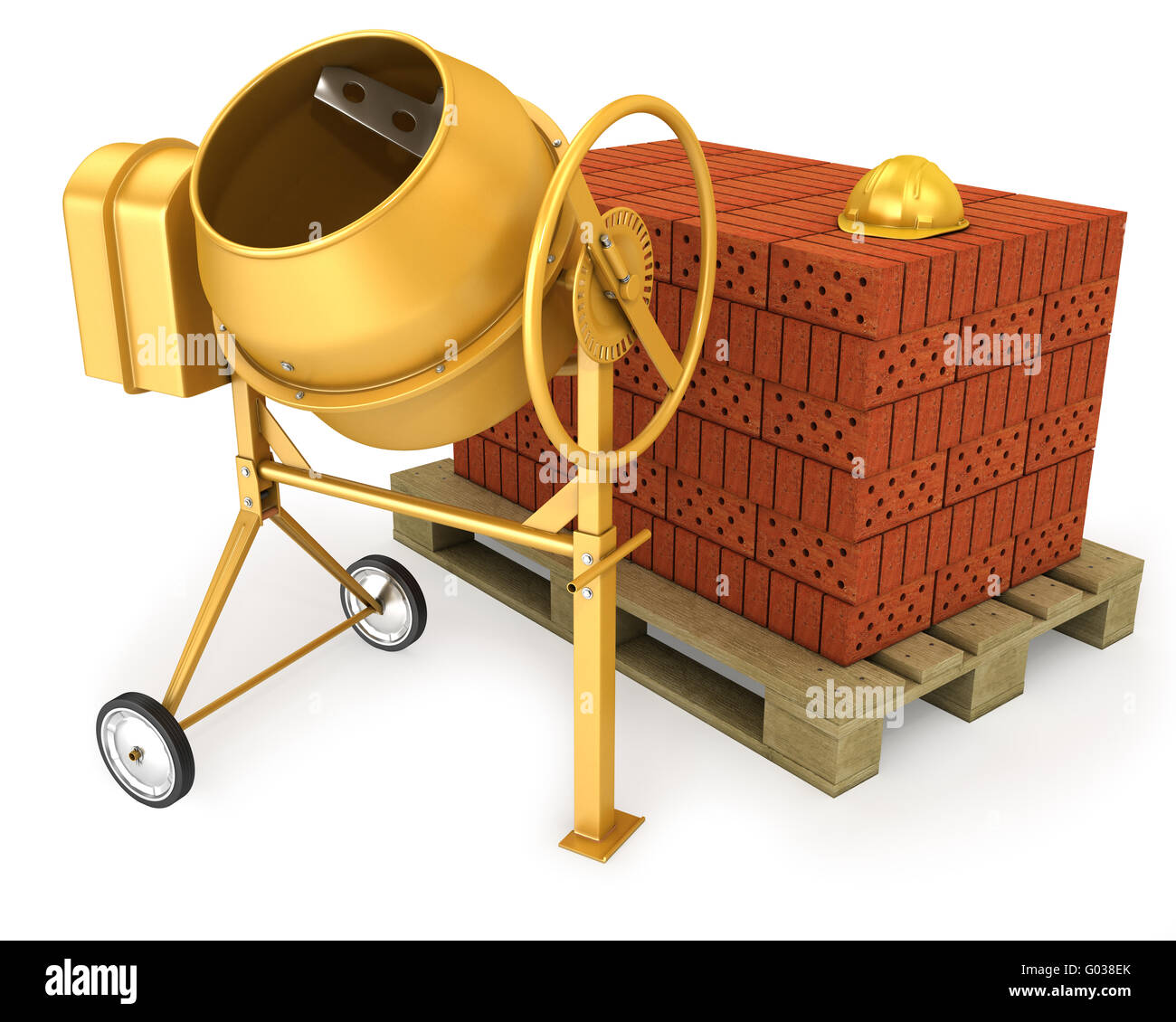 Clean new yellow concrete mixer with helmet and stack of bricks Stock ...